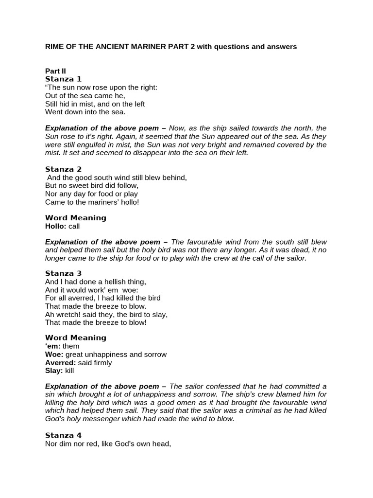 Class 10 Rime of Ancient Mariner Q&A | PDF