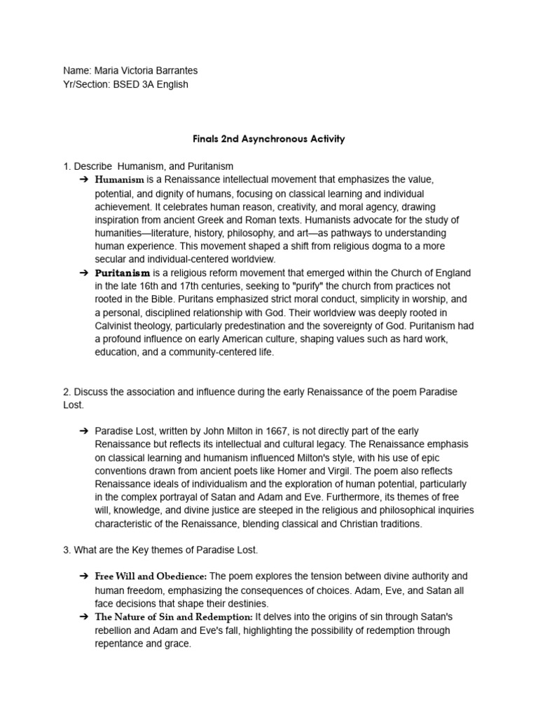 Finals 2nd Asynchronous Activity | PDF | Humanism | Paradise Lost