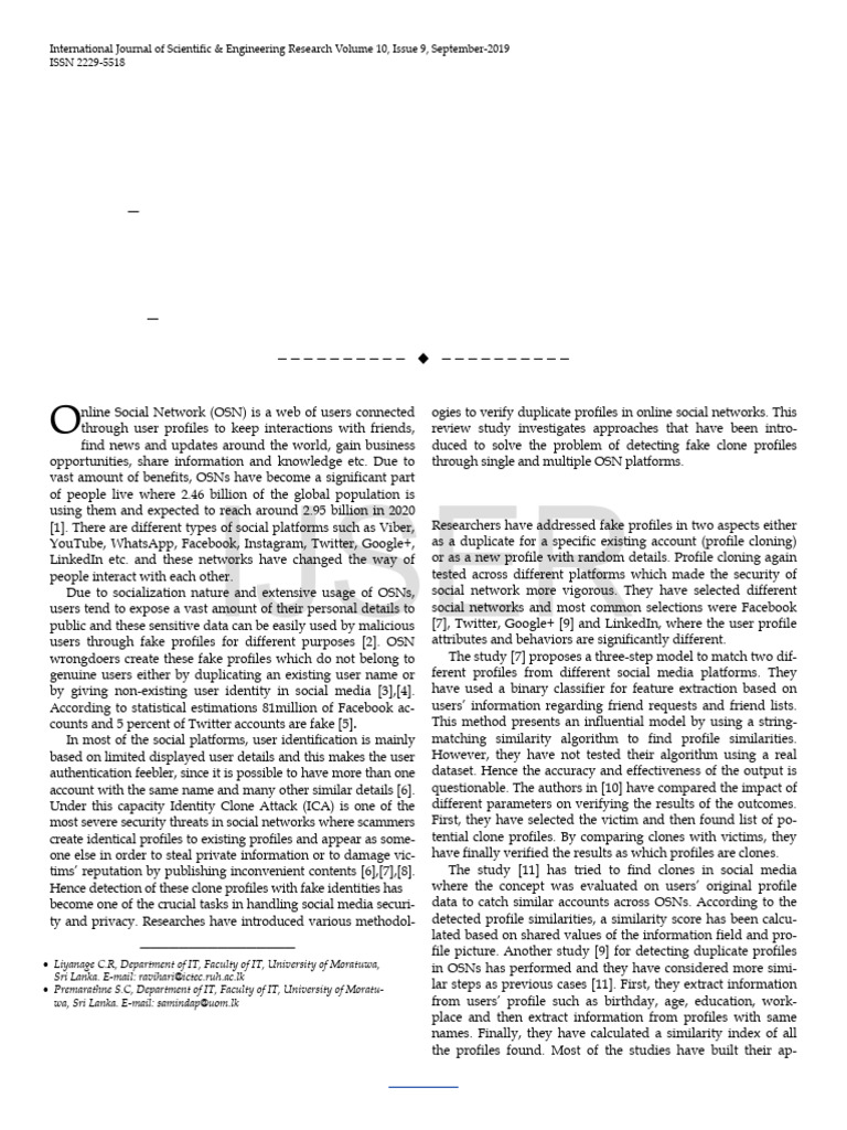 A Walkthrough On Clone Profile Resolution in Social Networks | PDF | Facebook | Statistical ...