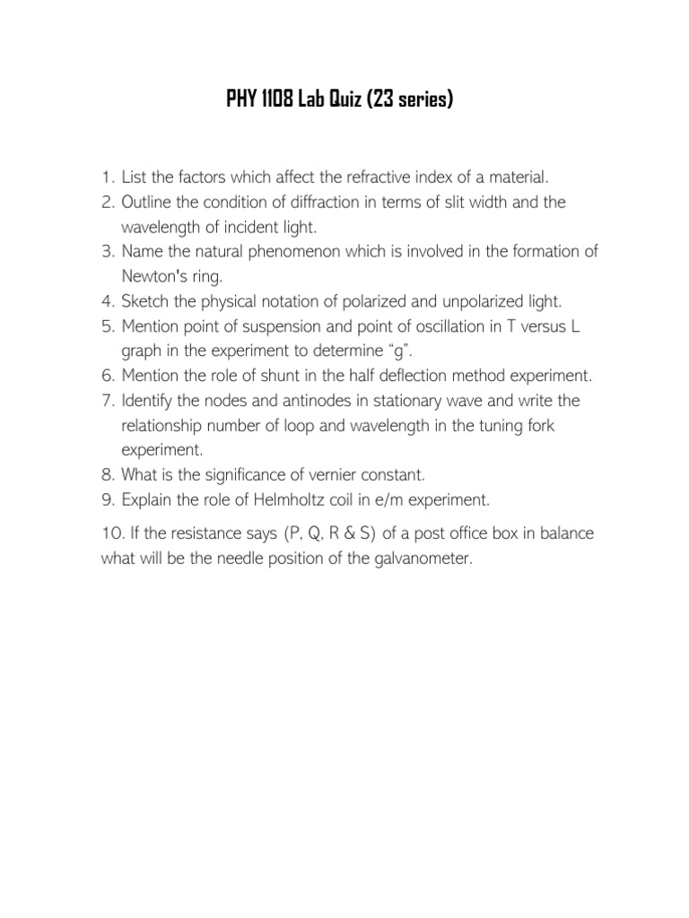 PHY 1108 Lab Quiz | PDF