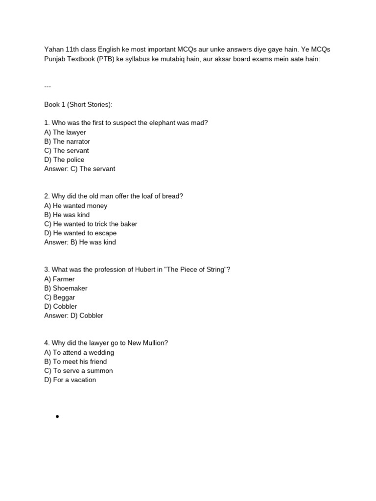 English MCqs 11th AI | PDF