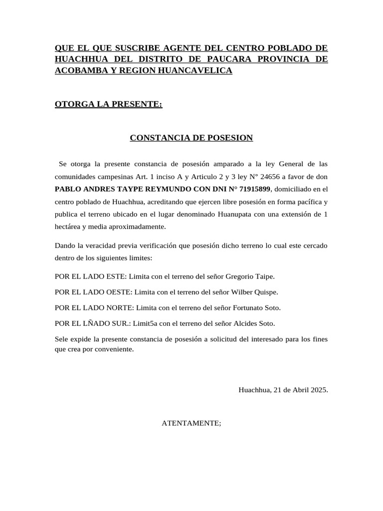 Constancia de Posesion | PDF