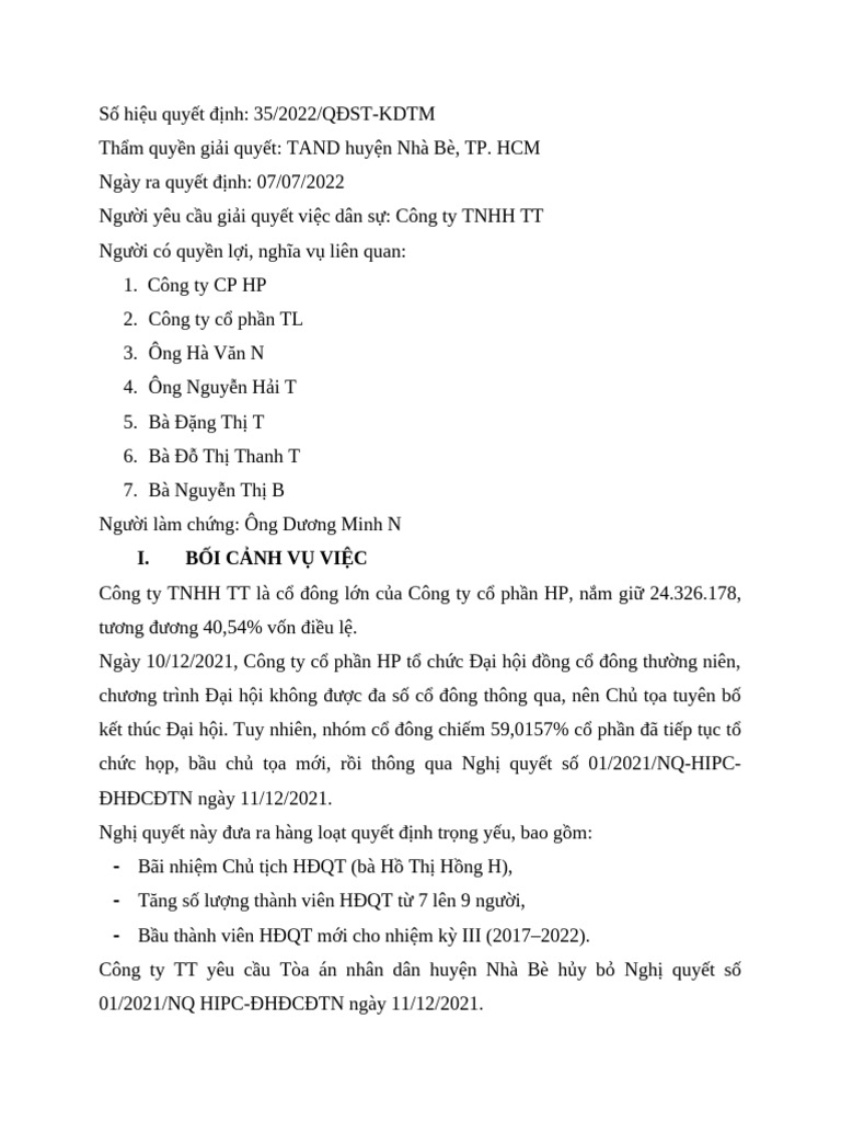 TÓM TẮT QĐ 35 - 2022 - QĐST-KDTM | PDF