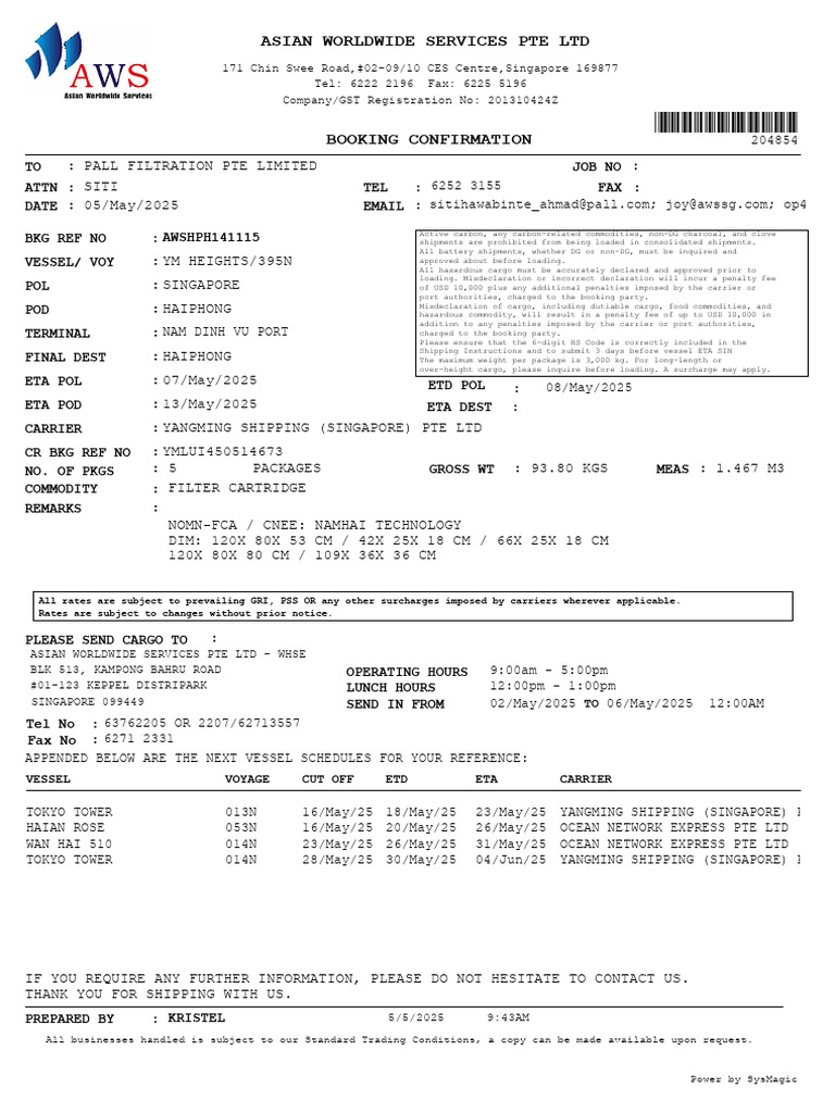 Booking Confirmation Awshph141115 | PDF | Cargo | Logistics