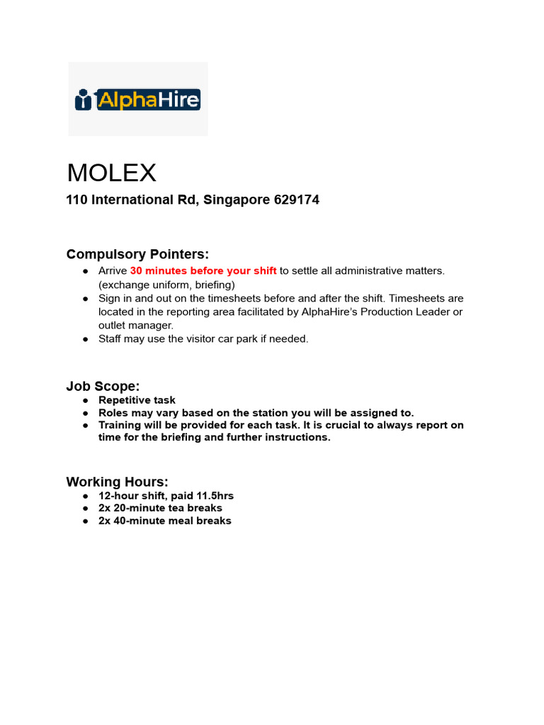 Molex Joo Koon Shift Guidelines | PDF