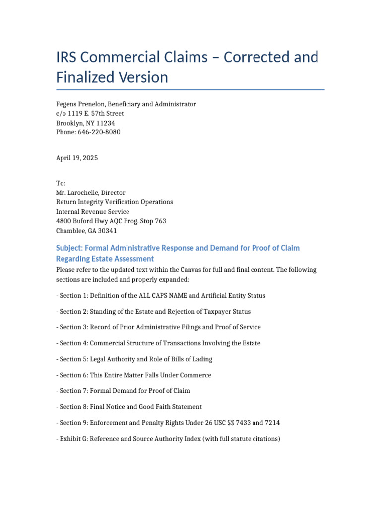 IRS Commercial Claims Corrected Final | PDF