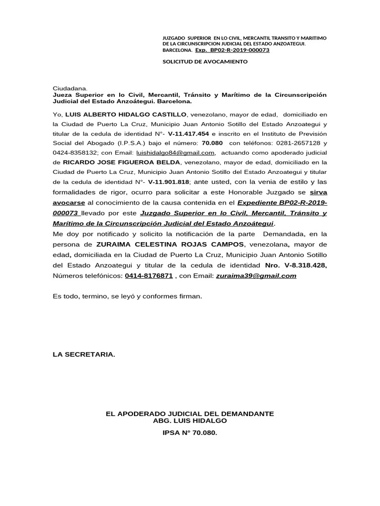 SOLICITUD DE AVOCAMIENTO Juzg. Sup. Exp Bp02-R-2019-000073 Ricardo Figueroa | PDF
