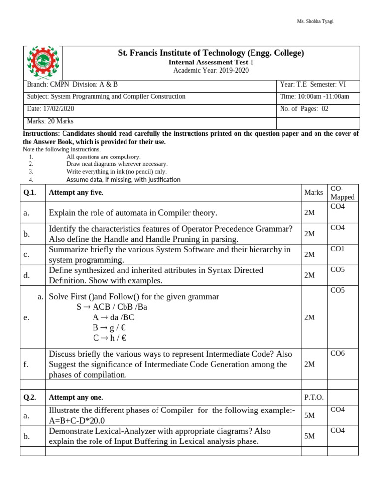 2020 February IAT 1 TE CMPN SEM VI SPCC Solution | PDF | Parsing | Grammar