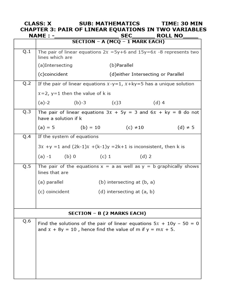 DAV G10: Mathematics Worksheet-2 | PDF | Equations | System Of Linear ...
