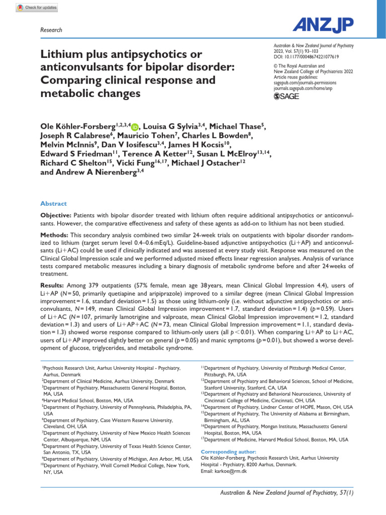 Kohler Forsberg Et Al 2022 Lithium Plus Antipsychotics or Anticonvulsants For Bipolar Disorder ...