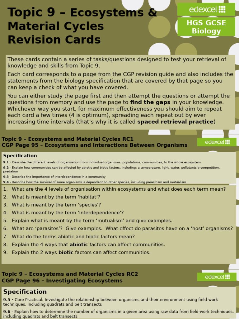 Topic 9 - Ecosystems and Material Cycles Revision Cards | PDF ...