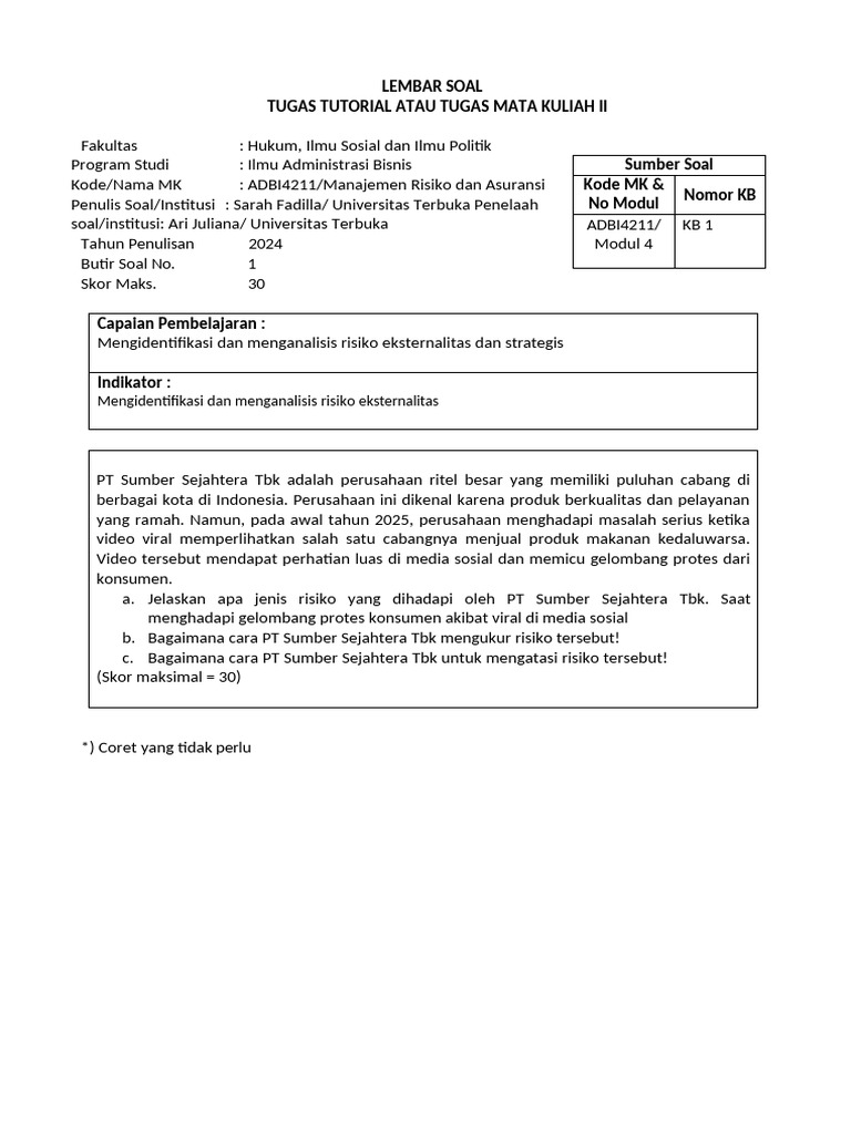 Tugas 2 - Manajemen Risiko Dan Asuransi | PDF