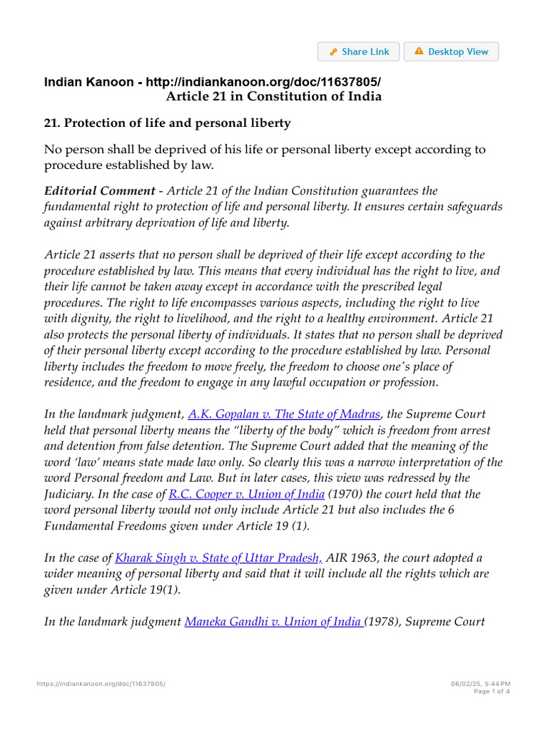 Article 21 in Constitution of India | PDF | Common Law | Social Ethics