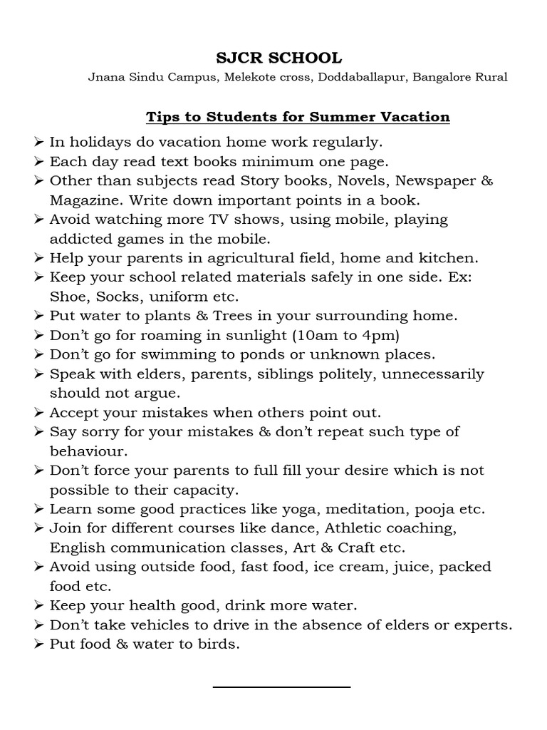 Tips To Students For Summer Vacation | PDF
