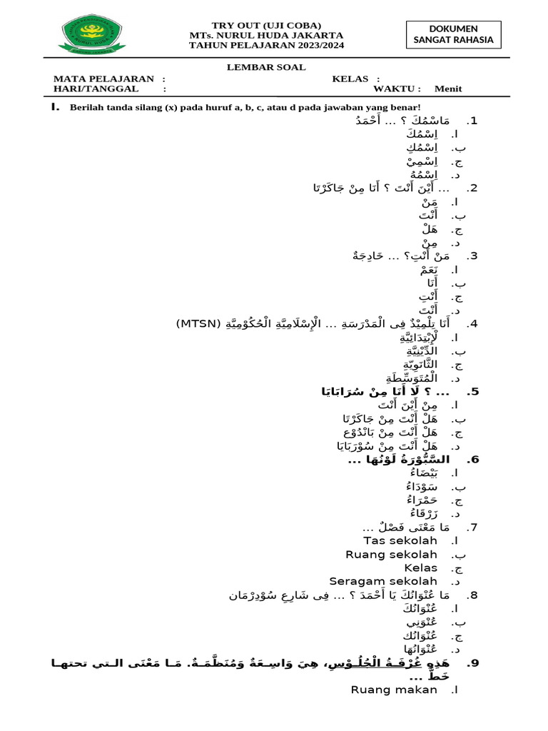 Kop Soal B. Arab Kelas 9 | PDF