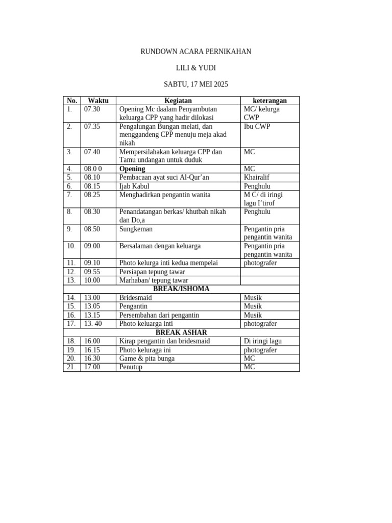 Rundown Acara Pernikahan Lili & Yudi | PDF