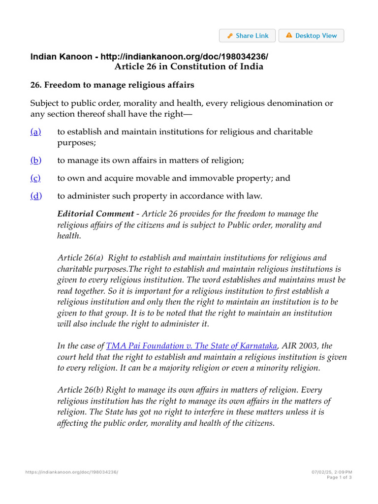 Article 26 in Constitution of India | PDF | Property | Sri Aurobindo