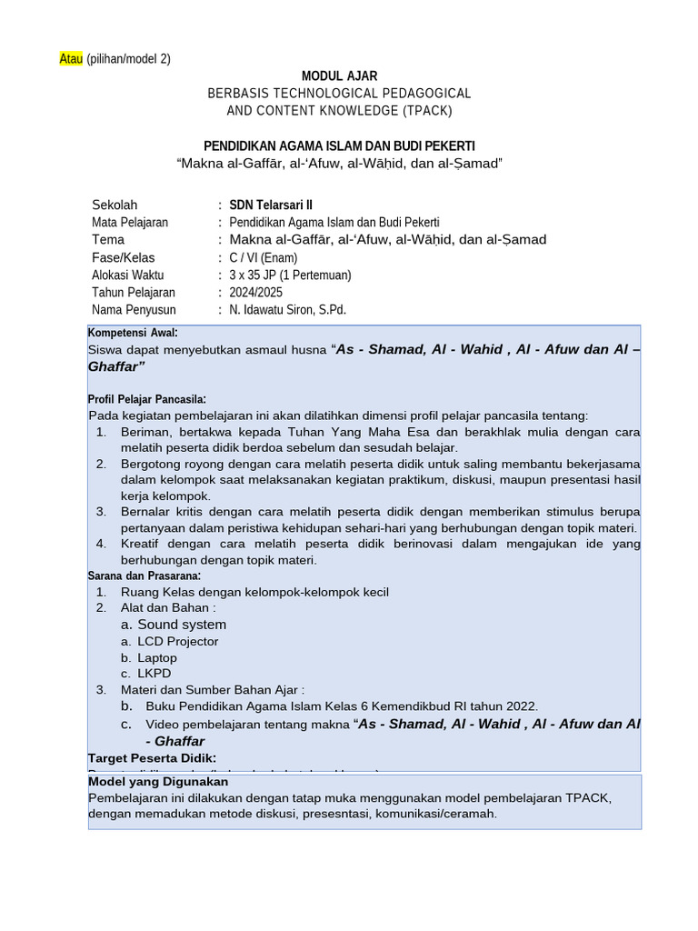 Modul Ajar Tpack - Kelas 6 - Asmaul Husna Bab 2 | PDF