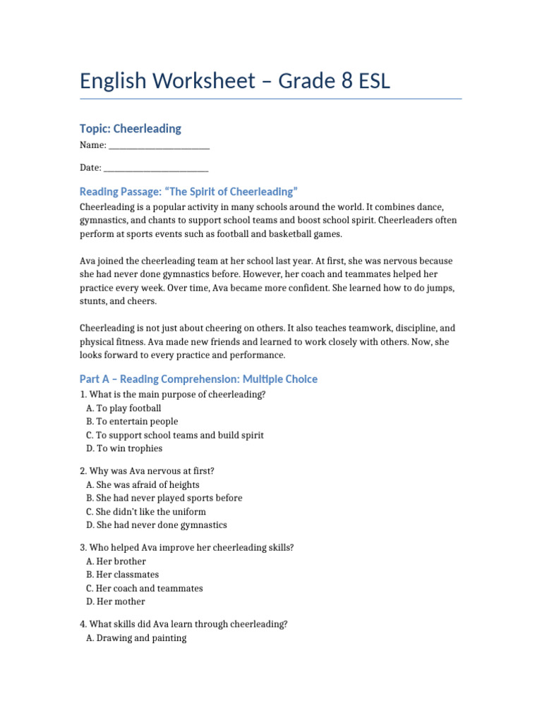Cheerleading Worksheet Grade8 | PDF | Cheerleading | Gymnastics