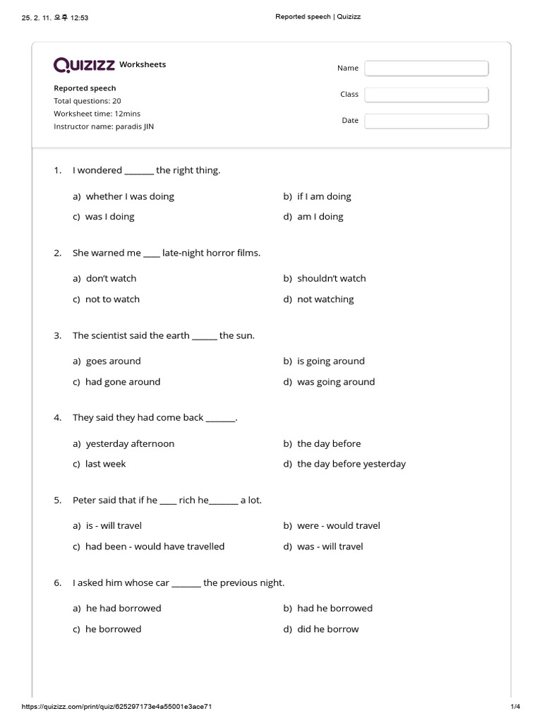 Reported Speech - Quizizz HW3 | PDF