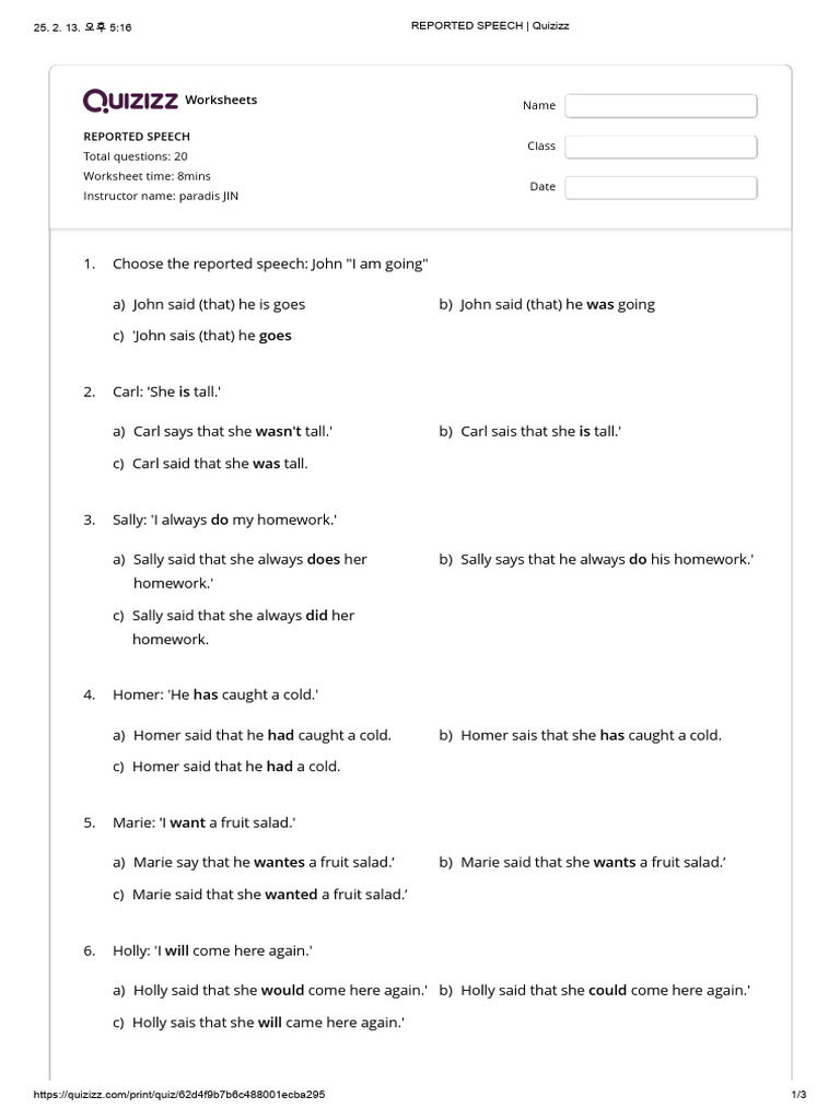 REPORTED SPEECH - Quizizz4 | PDF