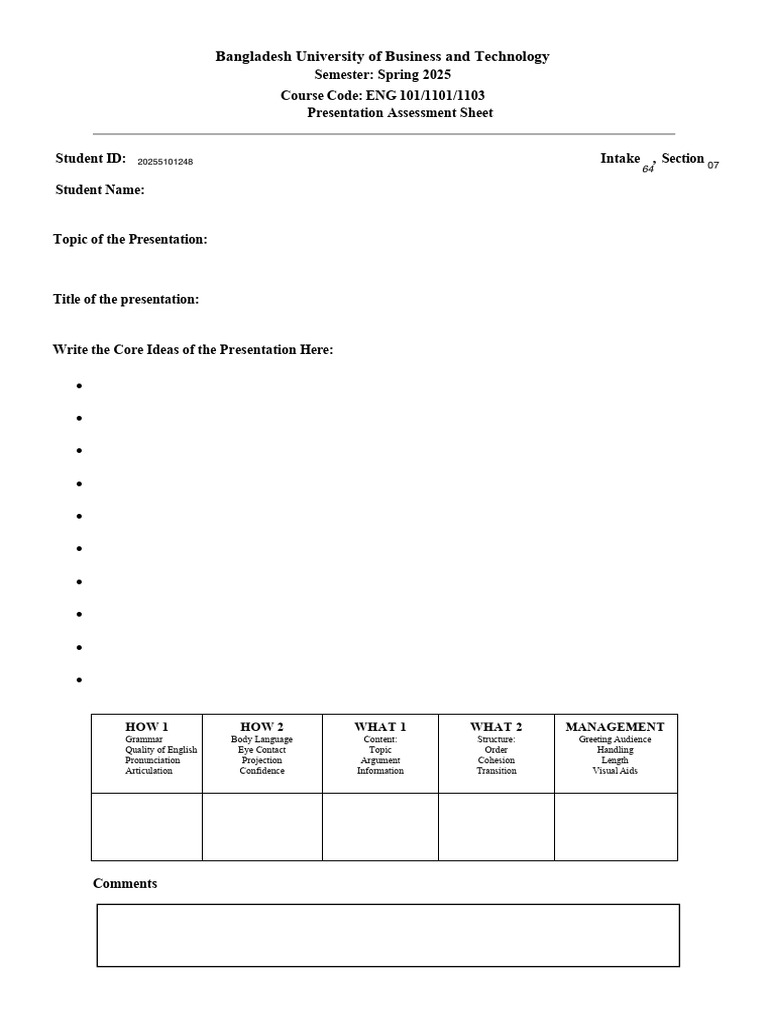 Presentation Assessment Sheet For ENG1101 - Spring 25 | PDF