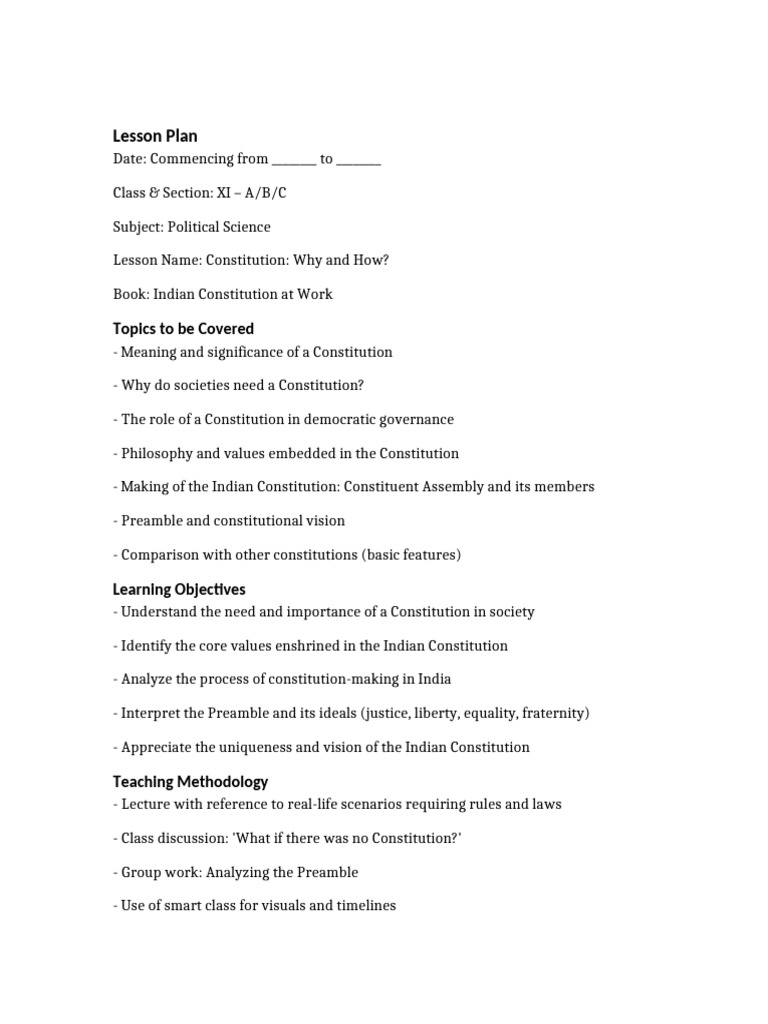 Constitution Lesson Plan for XI Students | PDF | Constitution | Democracy