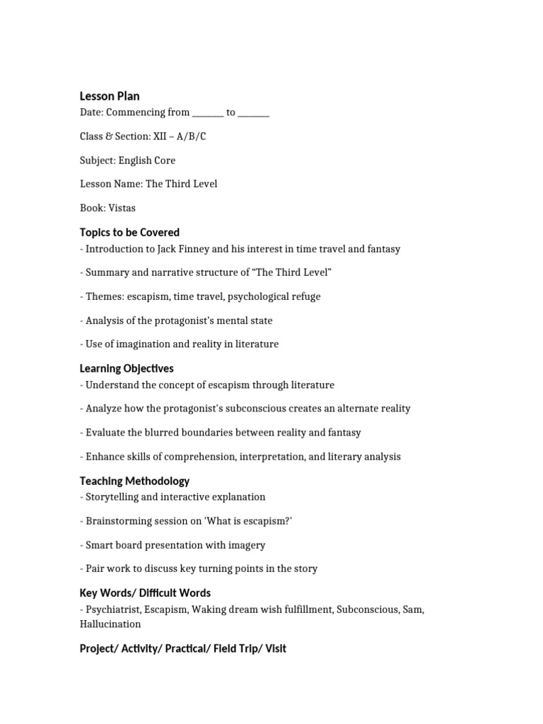 Lesson Plan The Third Level Pdf Lesson Plan Narrative