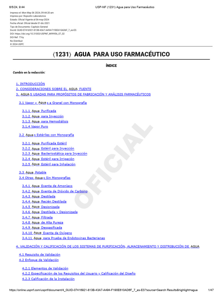 USP-NF 1231 Agua para Uso Farmacéutico | PDF | Vapor | Agua