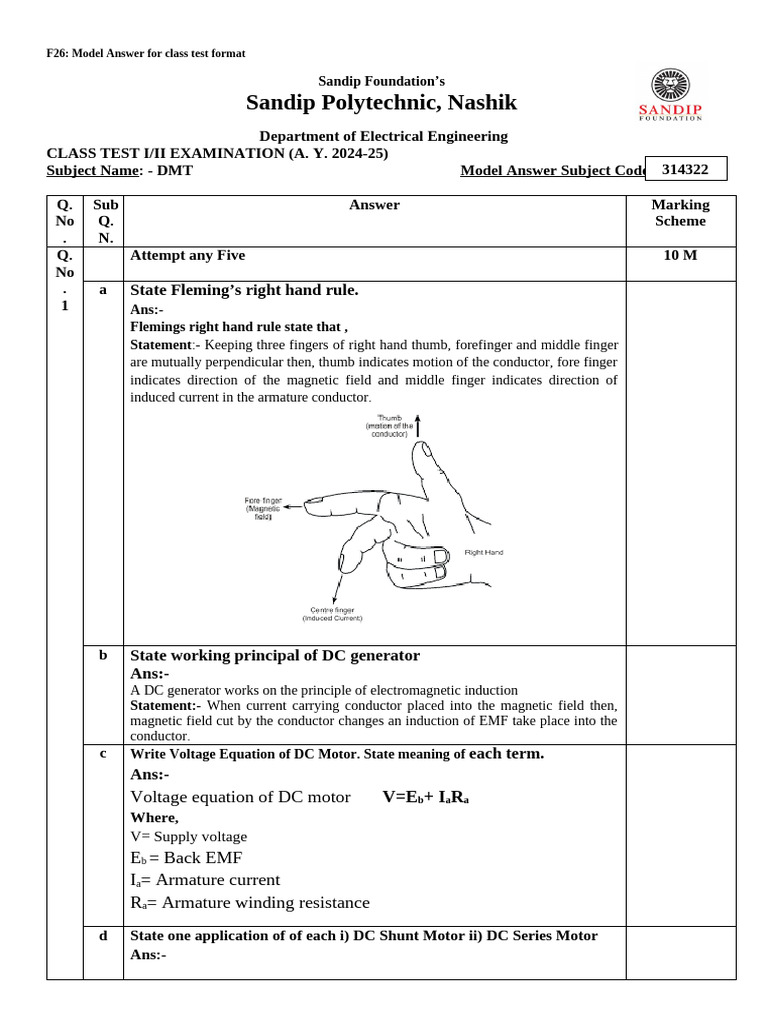 DMT CT 1 Model Ans Paper | PDF | Electric Motor | Electric Generator