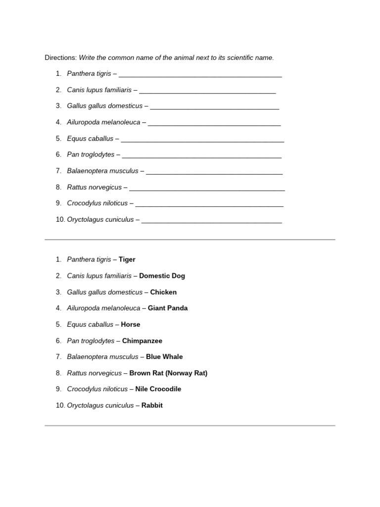 Directions - Write The Common Name of The Animal Next To Its Scientific ...