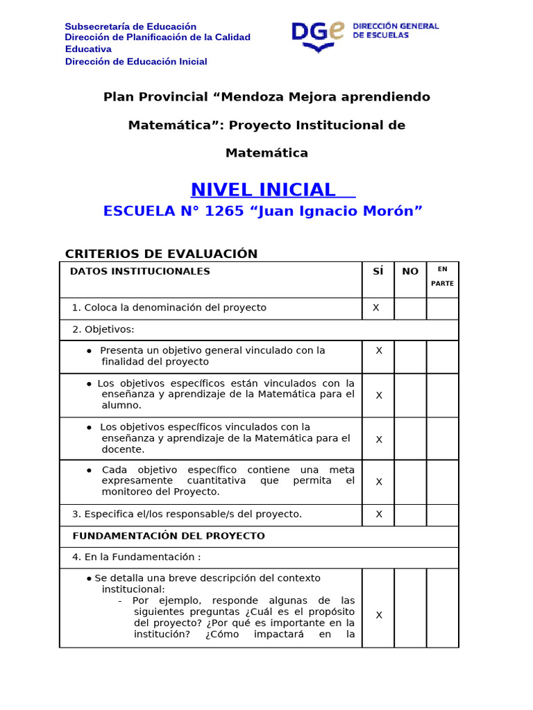 Nivel Inicial Criterios de Eval. Proyecto Institucional 2025 | PDF | Educación de la primera ...
