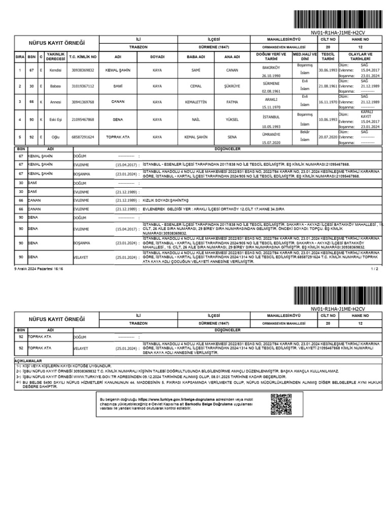 Nufus Kayit Ornegi | PDF