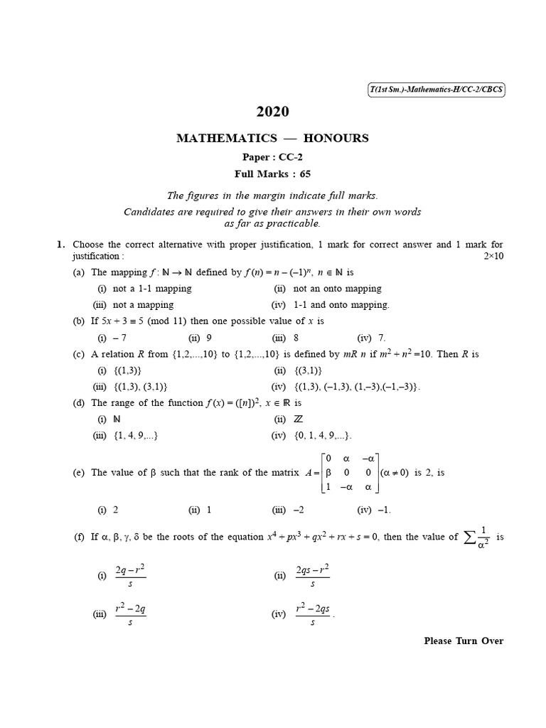 CU-2020 B.A. B.sc. (Honours) Mathematics Semester-I Paper-CC-2 QP | PDF | Applied Mathematics ...