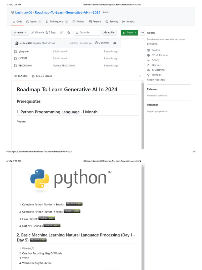 GitHub - Krishnaik06 - Roadmap-To-Learn-Generative-AI-In-2024 | PDF | Learning | Applied Mathematics