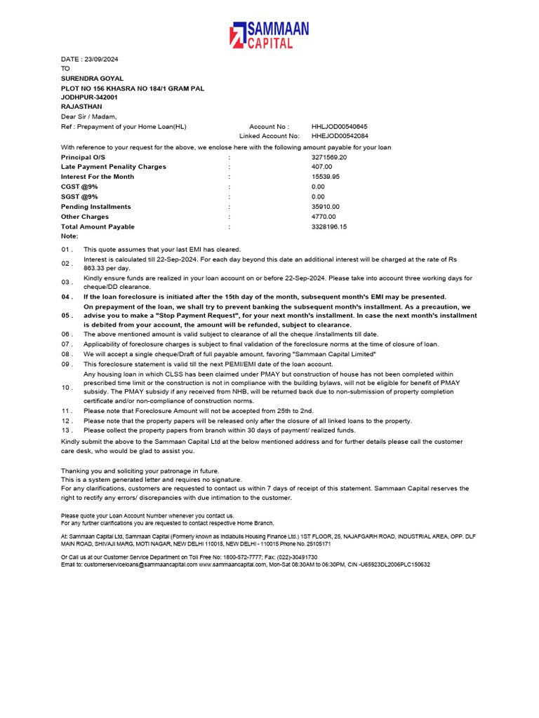 ForeClosure Letter IHF-5559651-M3R6L6 | PDF | Cheque | Banking