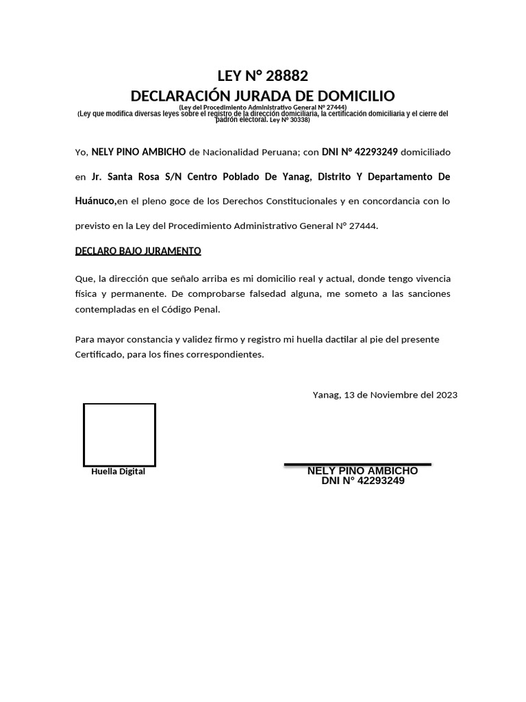 Modelo de Declaracion Jurada Domiciliaria | PDF