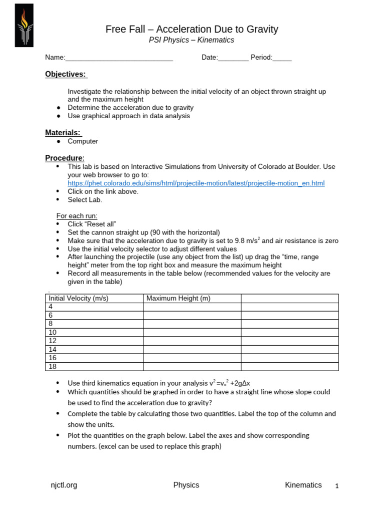 Free Fall Lab: Gravity & Velocity Analysis | PDF