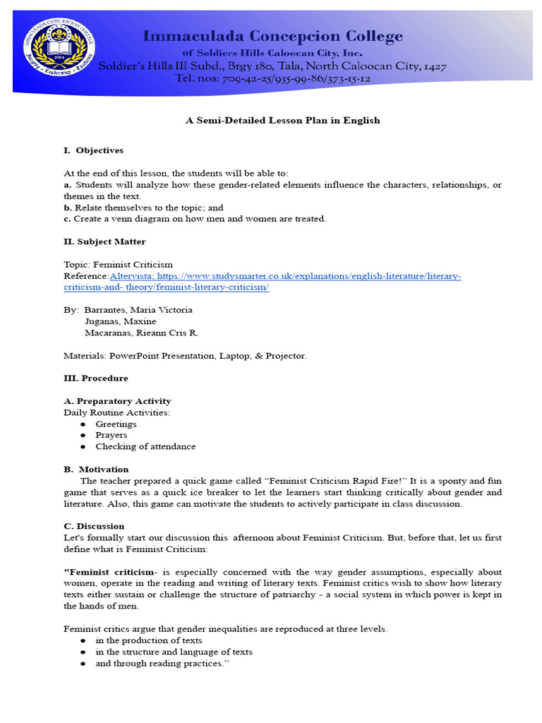 Lesson Plan - EL 117 (Formalist Criticism) | PDF | Feminism | Gender ...