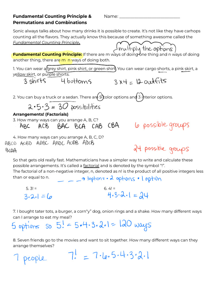 Permutations and Combinations & Fundamental Counting Principle KEY | PDF | Combinatorics ...