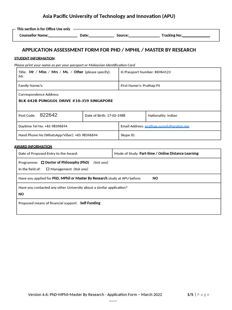E2025 - APU - Research - Application - Form - PHD - MPhil | PDF ...