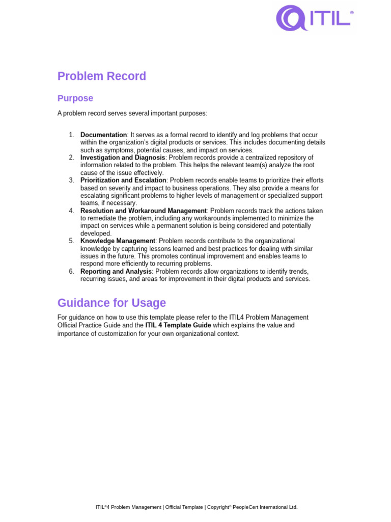 ITIL 4 Problem Record Template | PDF | Business
