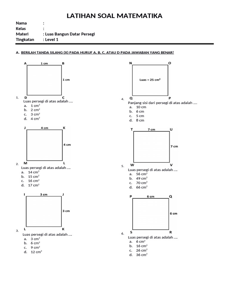 Soal Luas Persegi Level 1 Dan Kunci Jawaban | PDF
