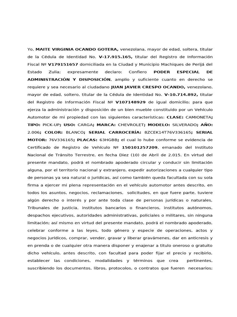 Poder Adm y Disp Vehiculo Juan Crespo | PDF | Póliza de seguros