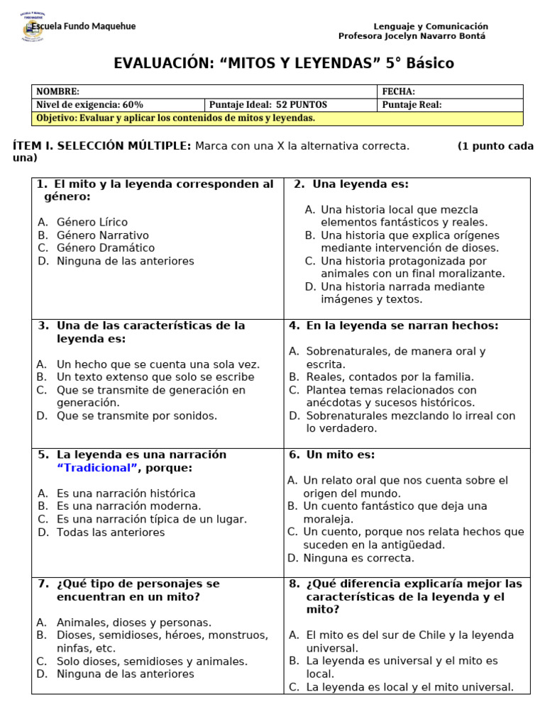 EVALUACION MITOS Y LEYENDAS 5 BASICO | PDF | Narración | Leyendas