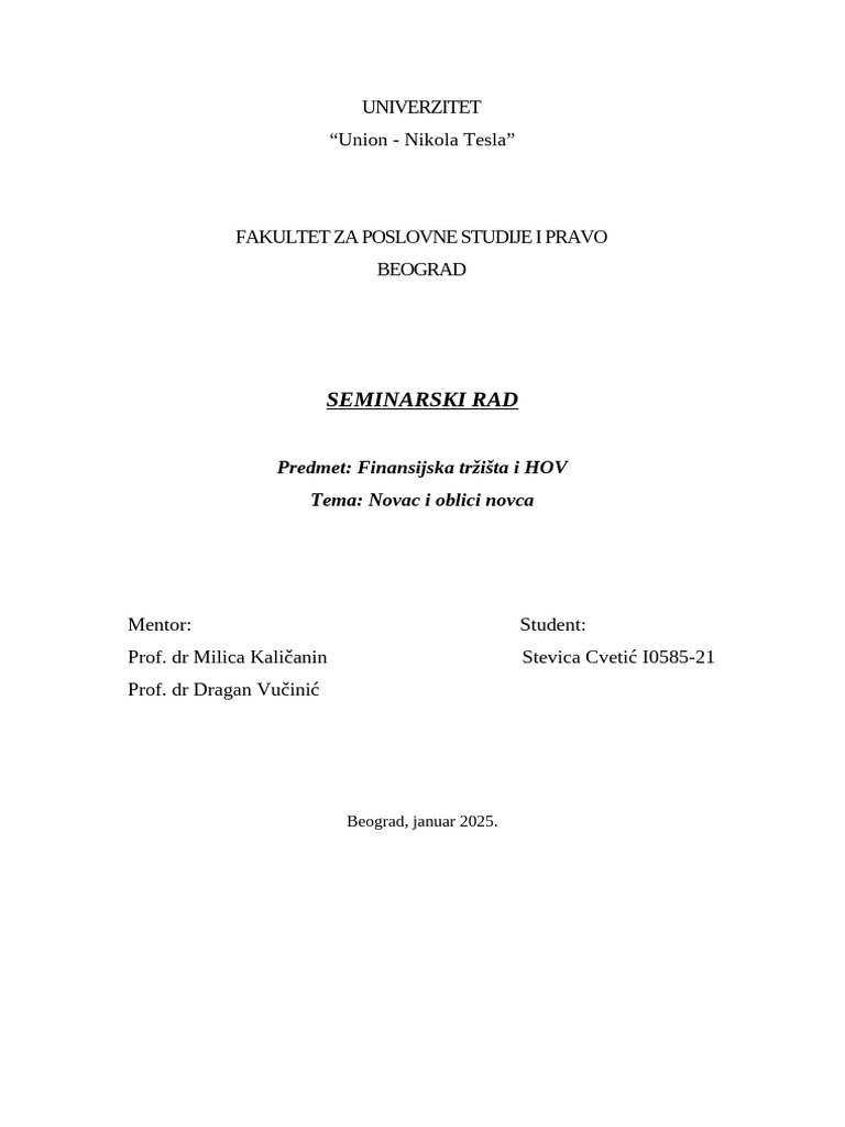 finansijaska trzista i HOV seminarski rad 123 | PDF