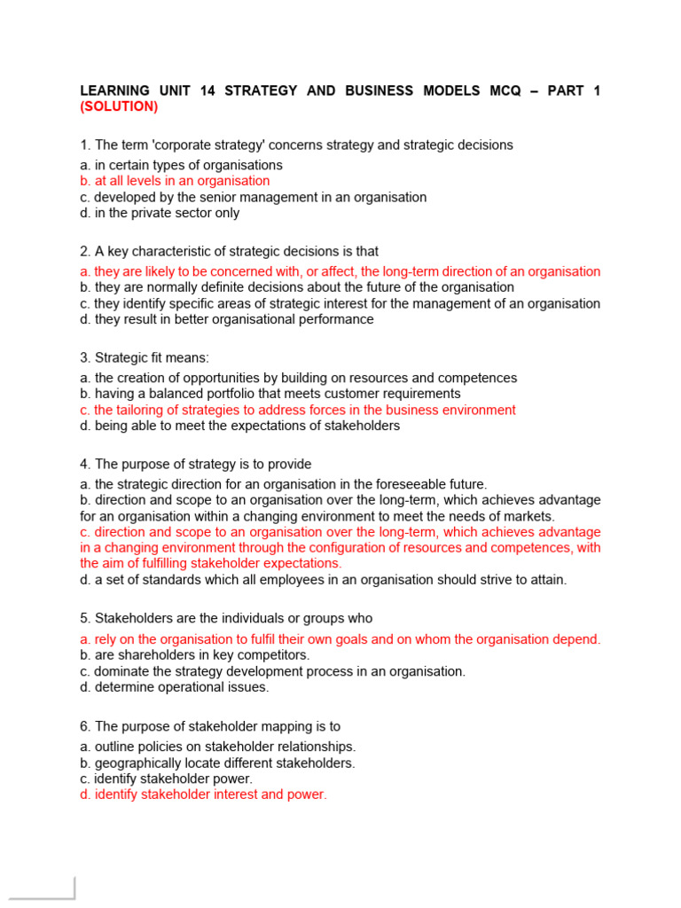 Learning Unit 14.1 Strategy and Business Models MCQ 1 (Solution) | PDF | Strategic Management ...