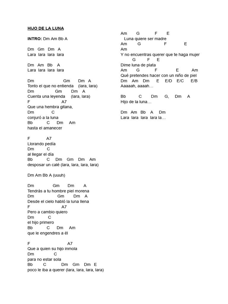 Acordes y letra de "Hijo de la Luna" | PDF