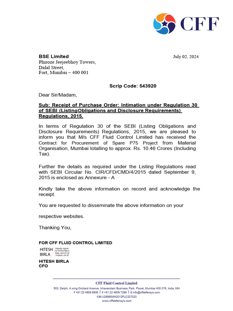 CFF Fluid Control Secures ₹10.46 Cr Order | PDF | Business Law