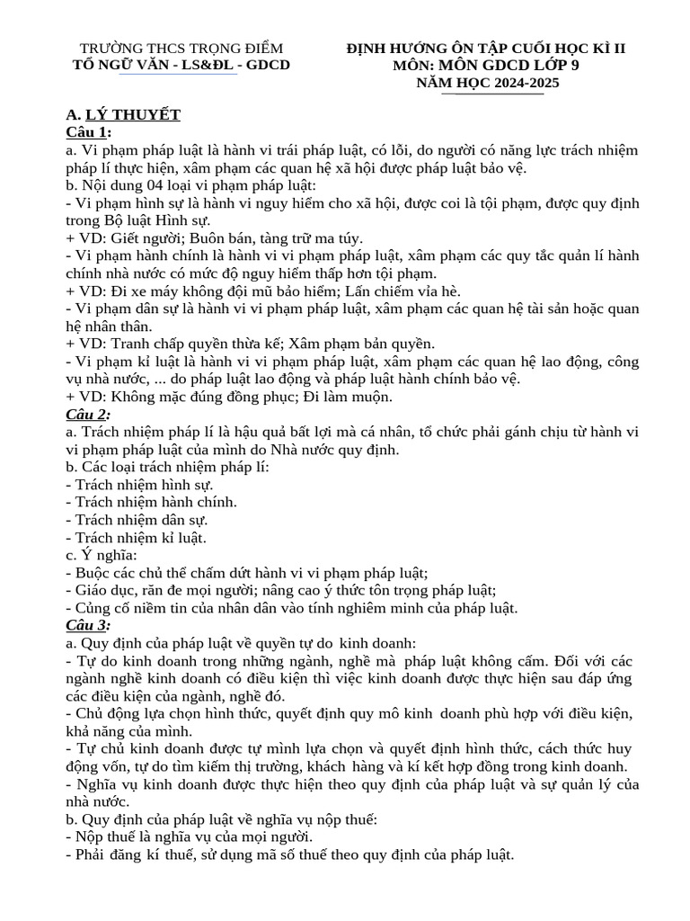 ĐỊNH HƯỚNG ÔN TẬP CUỐI HKII - GDCD 9 | PDF